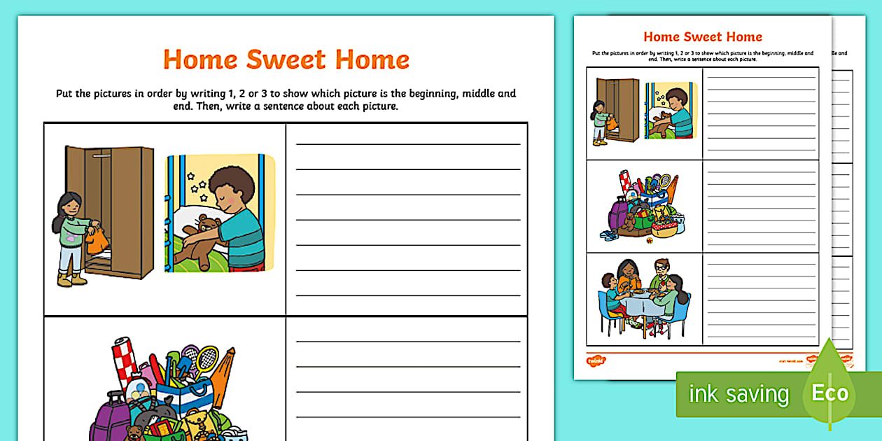 Black and White Home Sweet Home Picture Sequencing Activity