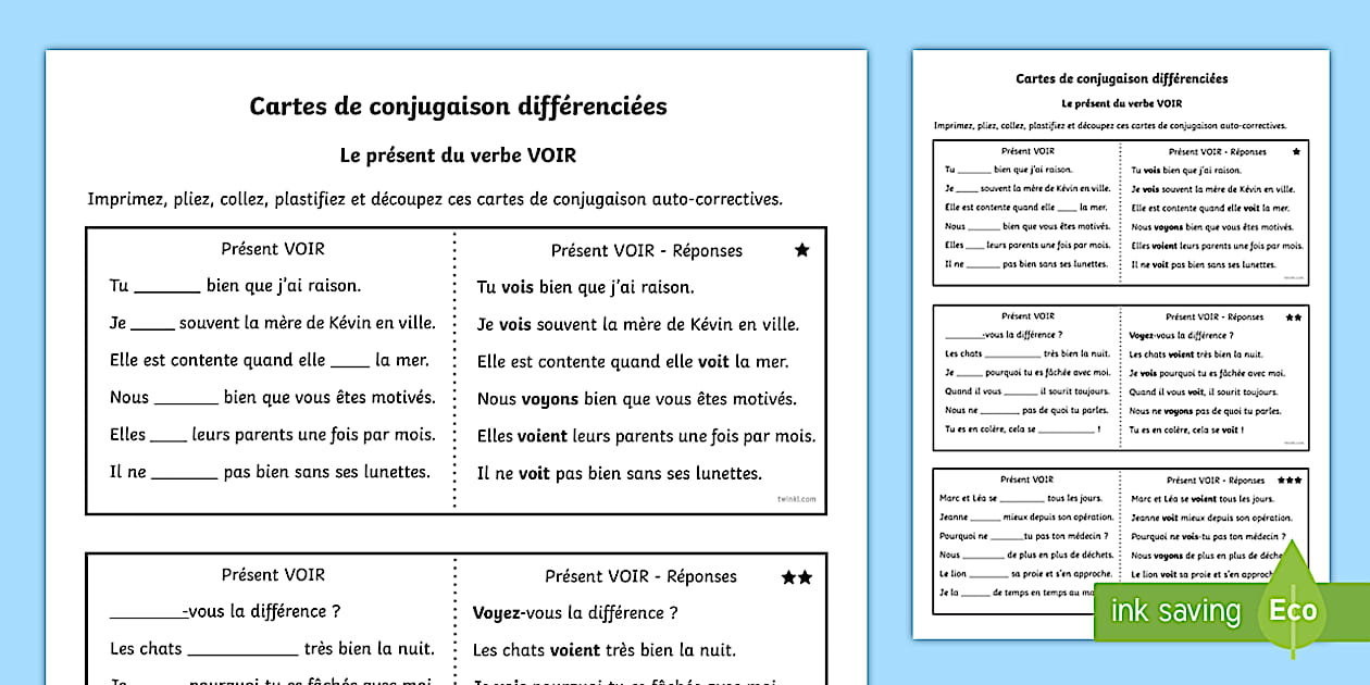Cartes de conjugaison : VOIR au présent