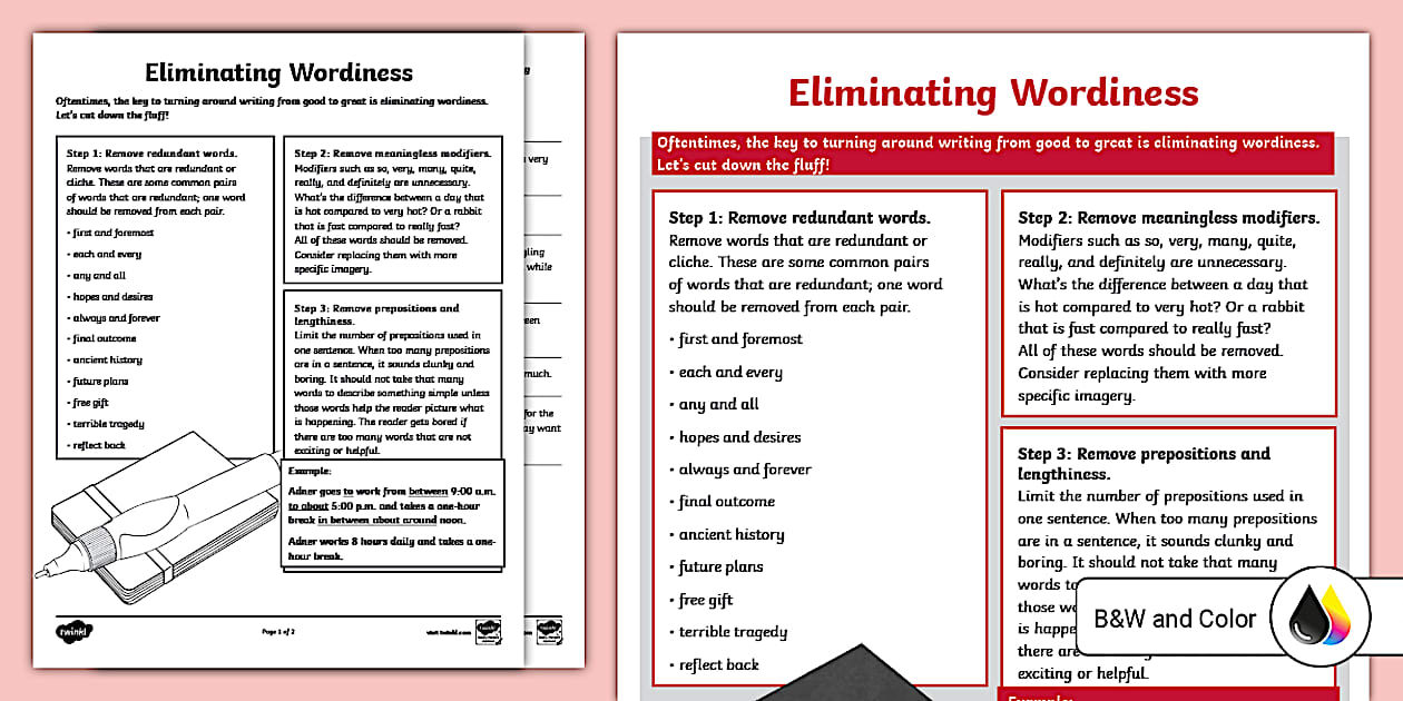 Eliminating Wordiness Activity for 6th-8th Grade - Twinkl