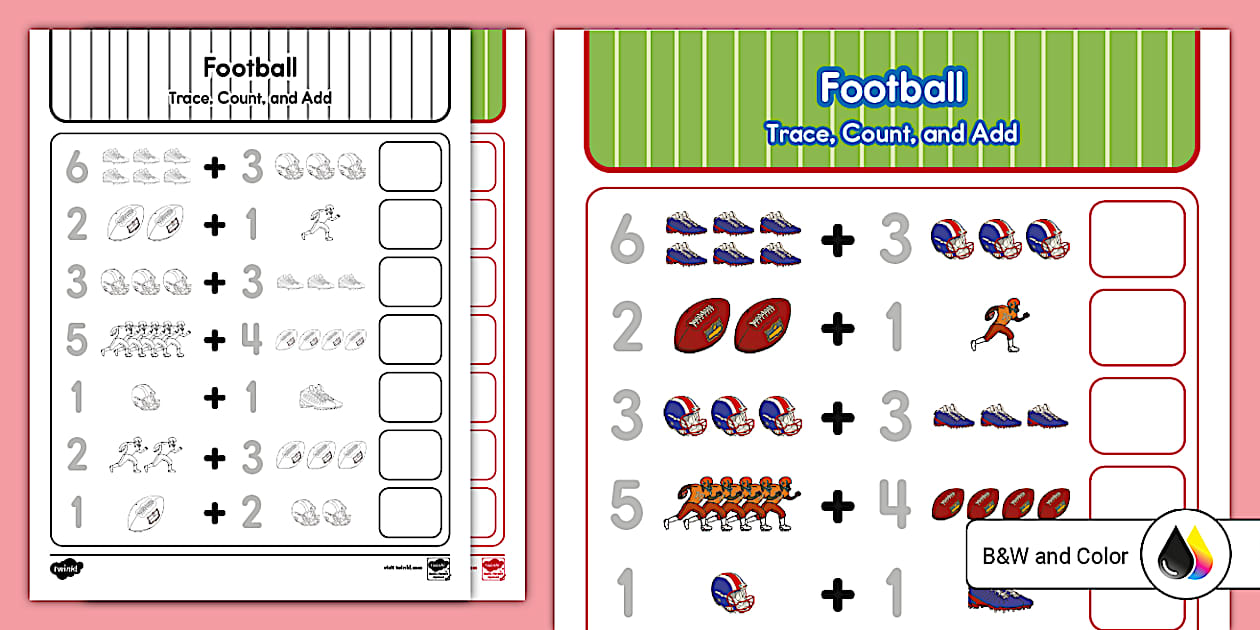 Football Trace, Count, and Add Within 10 Activity Worksheet