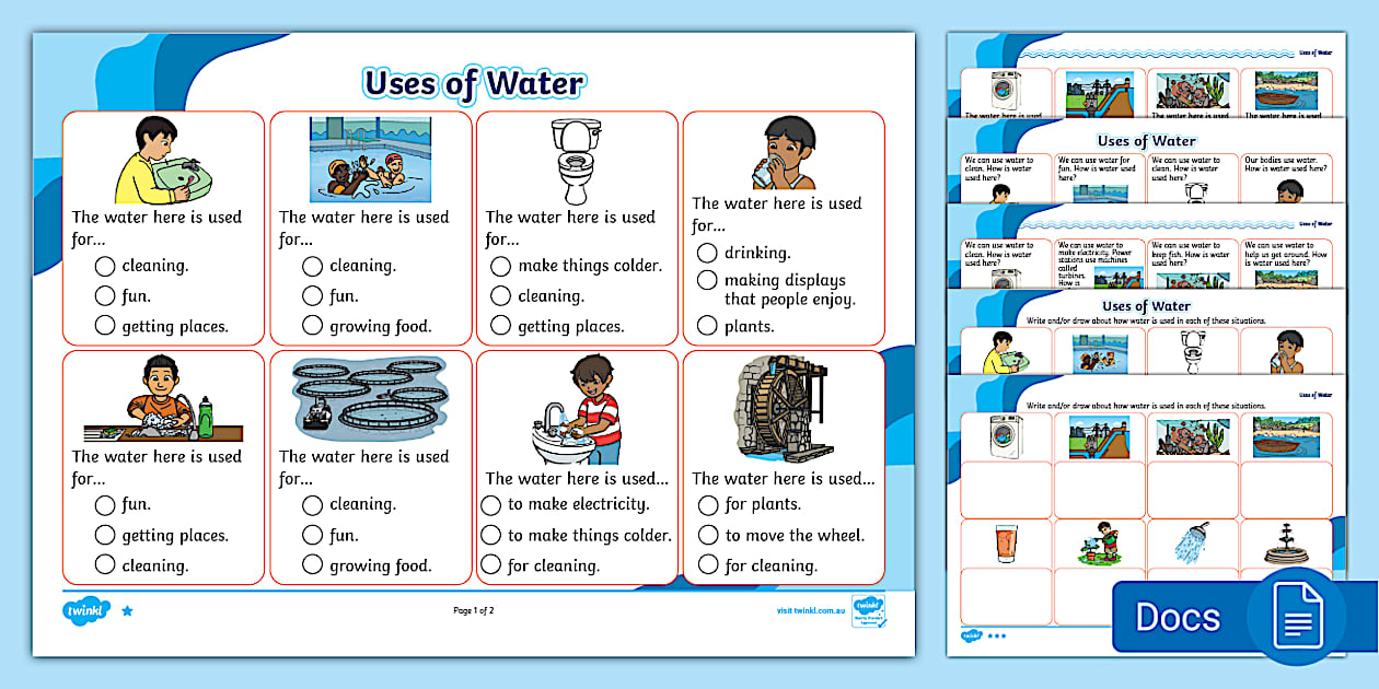 Water Uses Worksheets (teacher made) - Twinkl