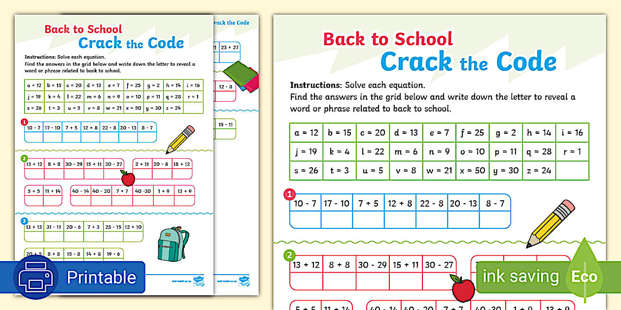 Back to School Addition and Subtraction: Crack the Code Maths Activity