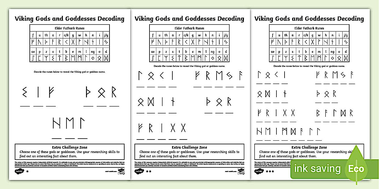 Lower Ability God and Goddess Name Rune Decoding Worksheet