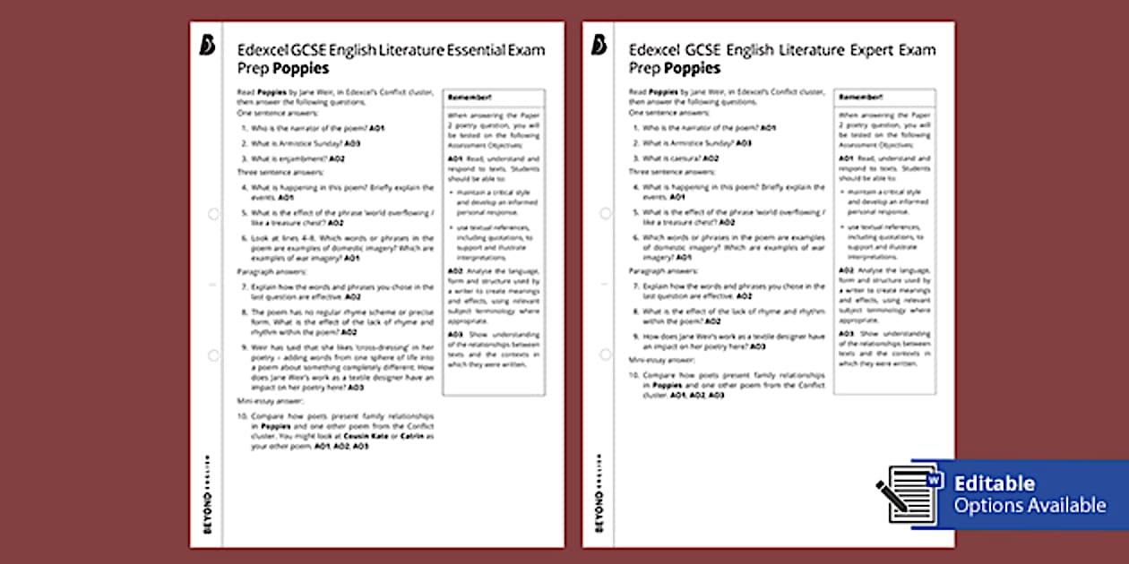 Edexcel GCSE Poetry Exam Prep - 'Poppies' Worksheet - Twinkl