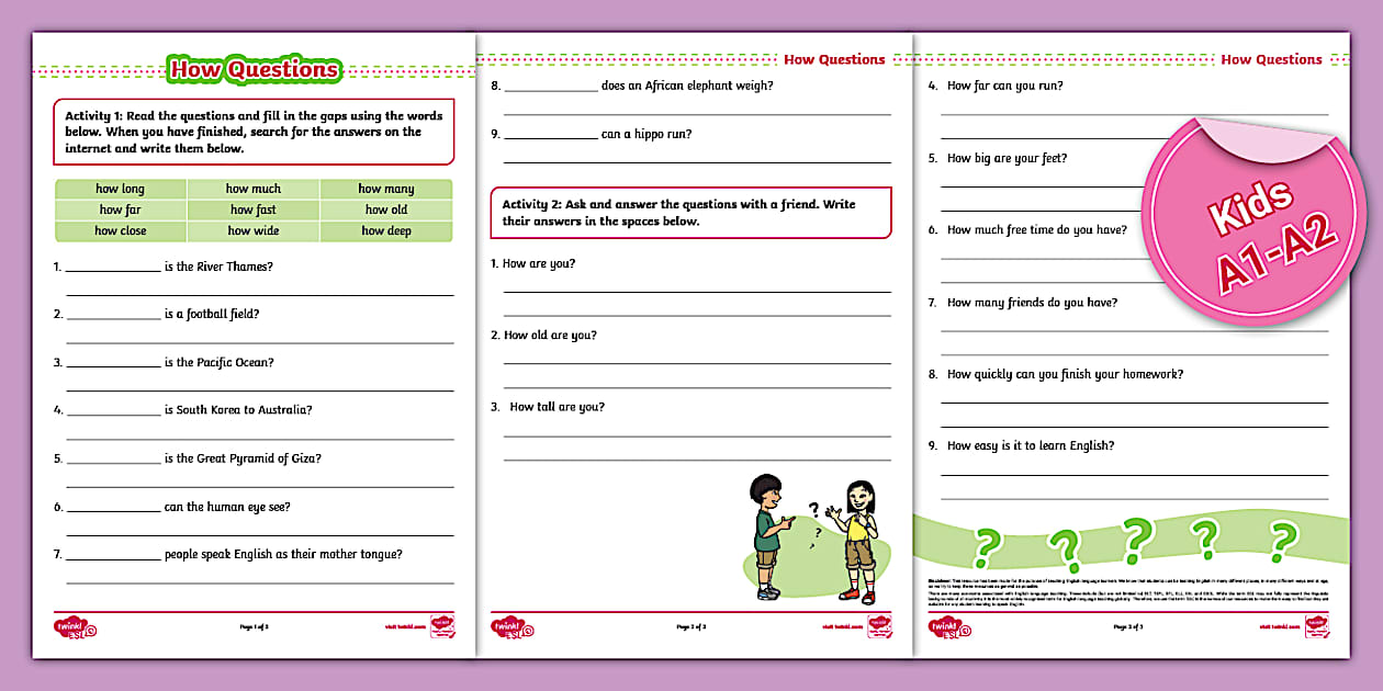 ESL How Questions Worksheet [Kids, A1-A2] - Twinkl