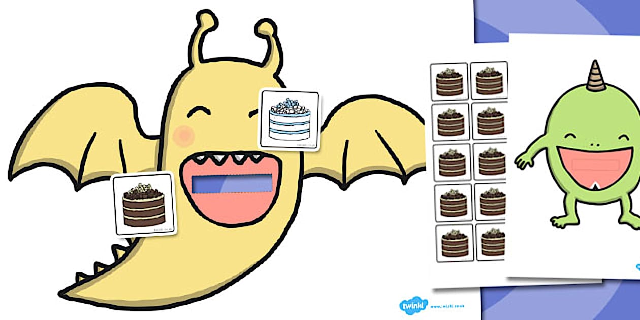 Black and White Hungry Monster Fractions Activity - Twinkl