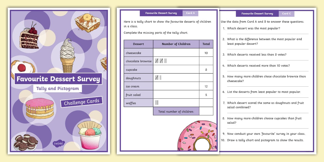 Favourite Desserts Survey Tally and Pictogram Maths Challenge Cards