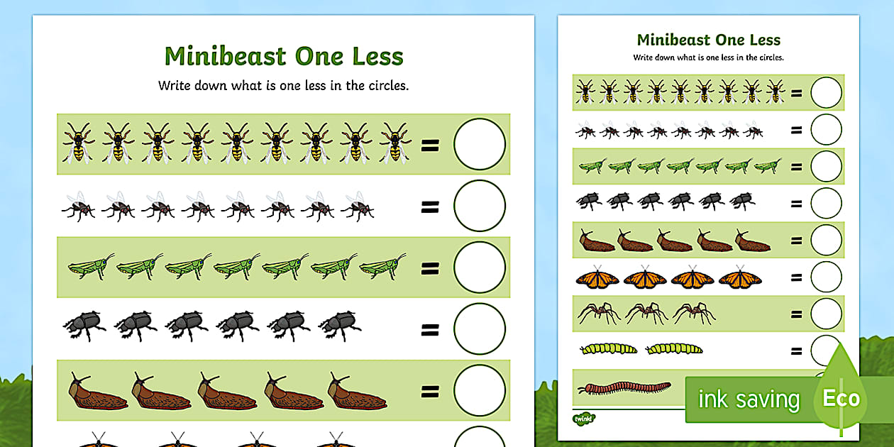 Higher Ability Minibeast Themed One Less Counting Worksheet