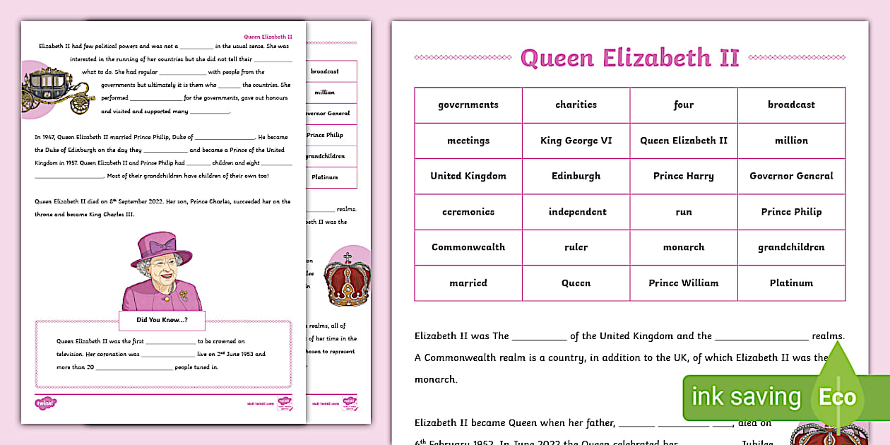 Queen Elizabeth II Cloze Worksheet (teacher made) - Twinkl