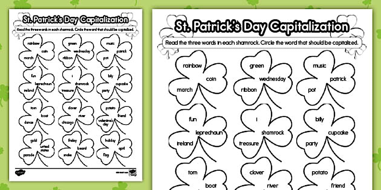 St. Patrick's Day Capitalization Practice Worksheet for K-2nd Grade