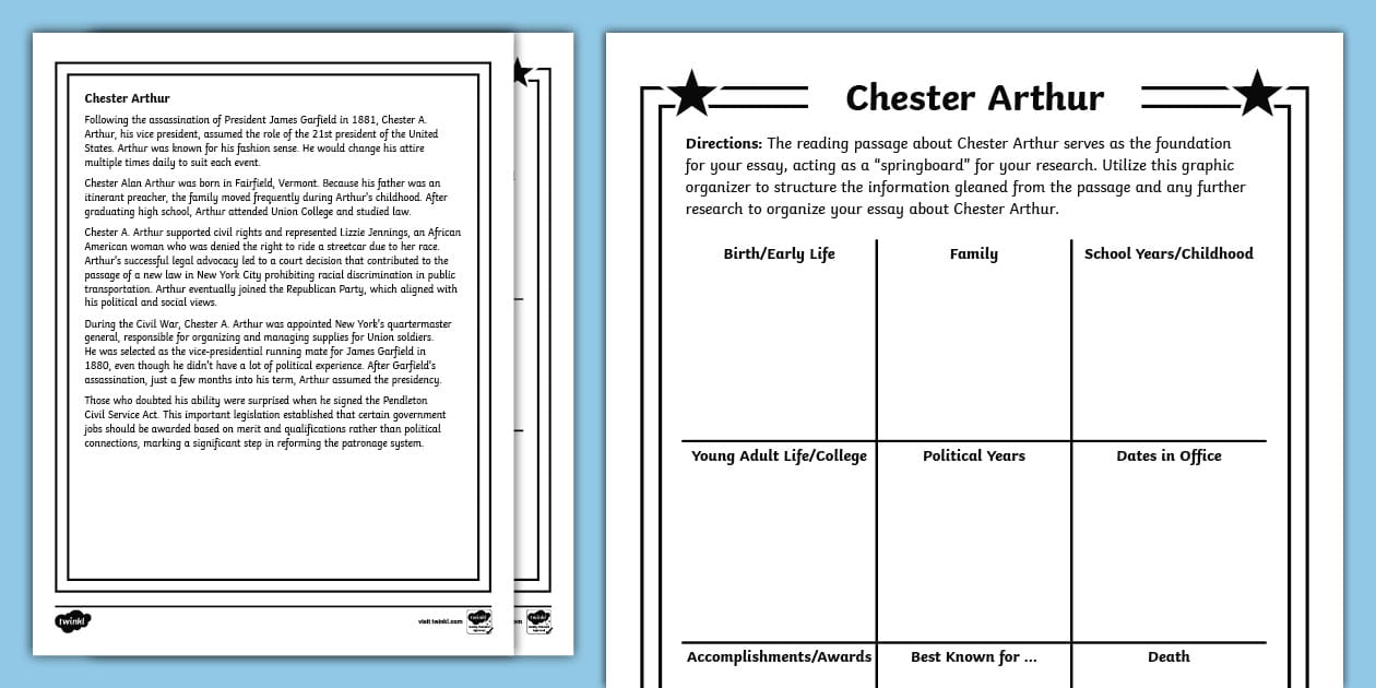 Eighth Grade Chester Arthur Essay Organizer - Twinkl