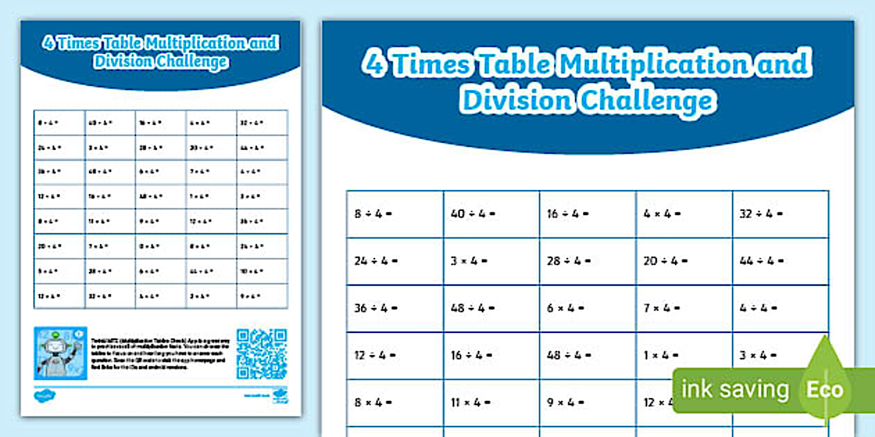 👉 4 Times Table Multiplication and Division Worksheet