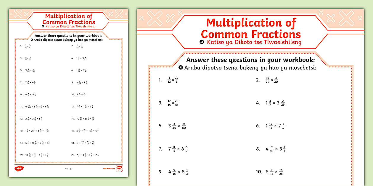Multiplication of Common Fractions Activity Sheet - Sesotho