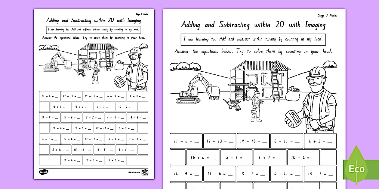 Stage 3 Maths Adding and Subtracting to 20 with Imaging 1 Worksheet