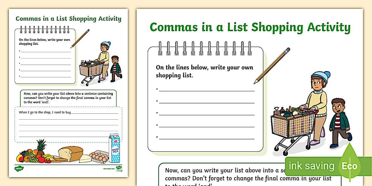 Commas in a List Shopping Activity (teacher made) - Twinkl