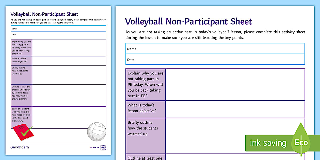 Volleyball: Non-Participant Worksheet / Worksheet