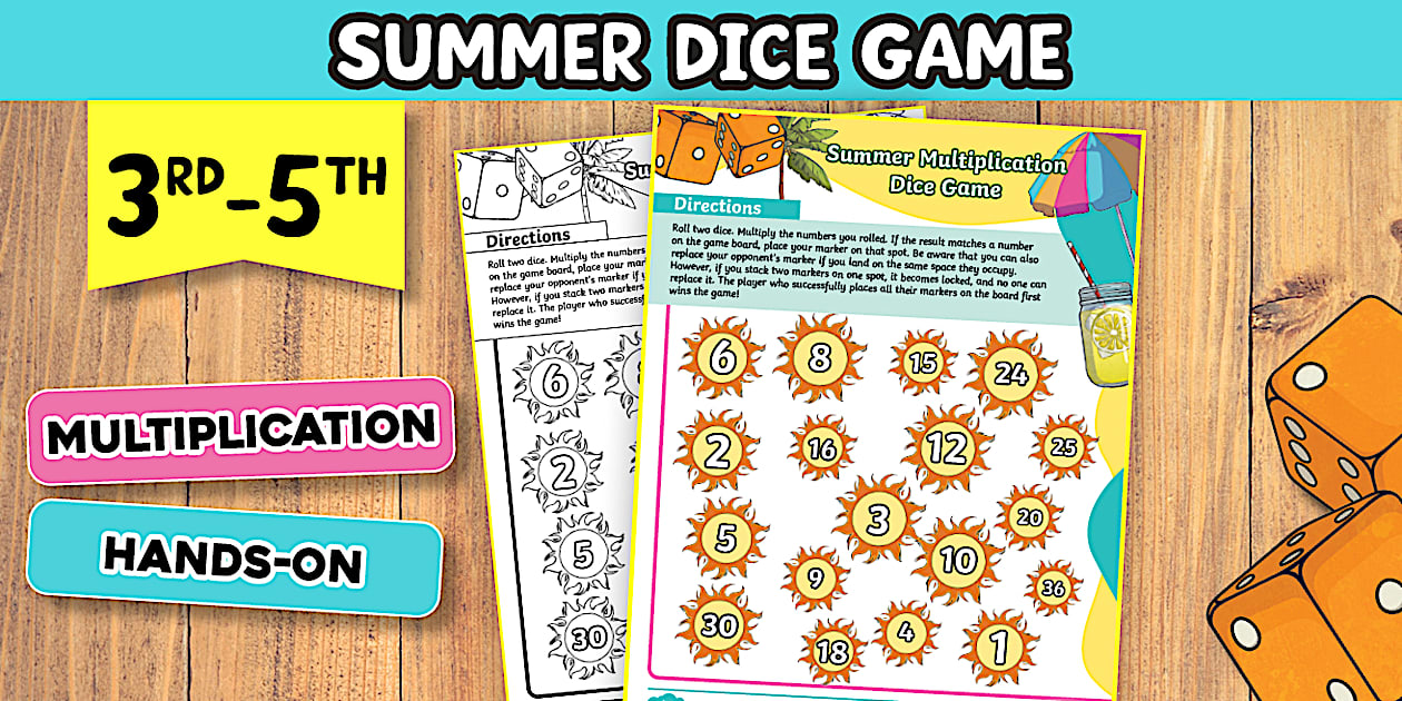 Summer Multiplication Dice Game for 3rd-5th Grade - Twinkl