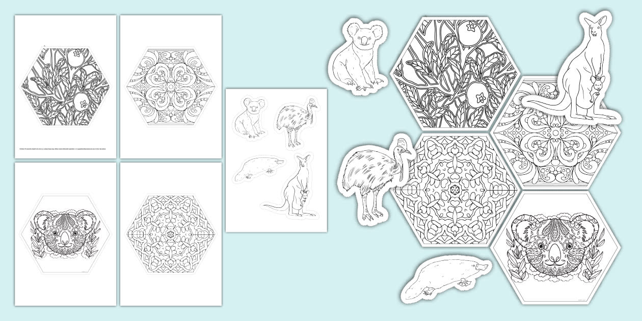 Australian Animals Hexagon Display Colouring Activity