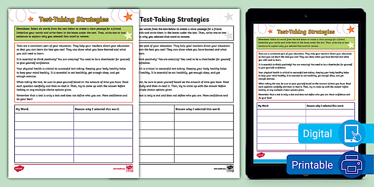 Fourth Grade Test-Taking Strategies Reverse Cloze Activity Worksheet