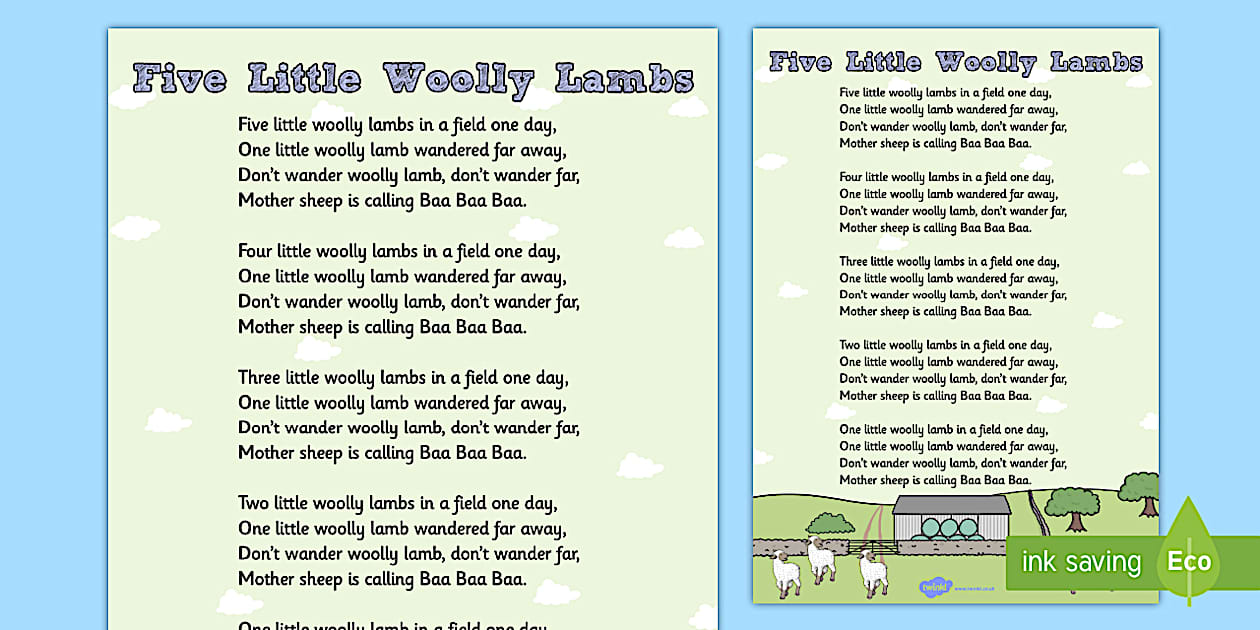 Five Little Woolly Lambs Counting Song Sheet (teacher made)