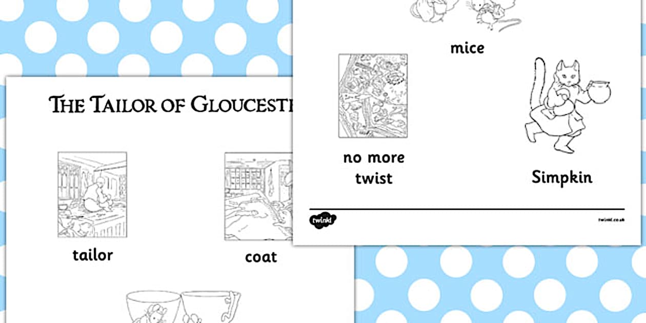 The Tailor of Gloucester Words Colouring Sheet - Twinkl