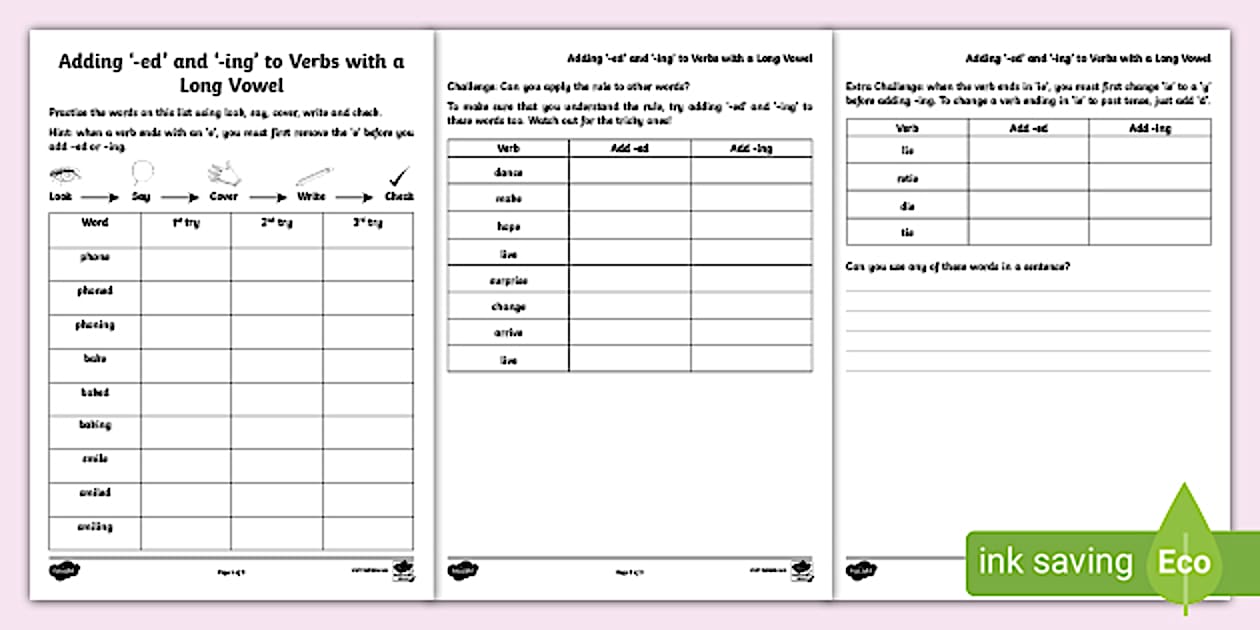 Editable Year 2 Adding -ed and -ing to Verbs with a Long Vowel Worksheets