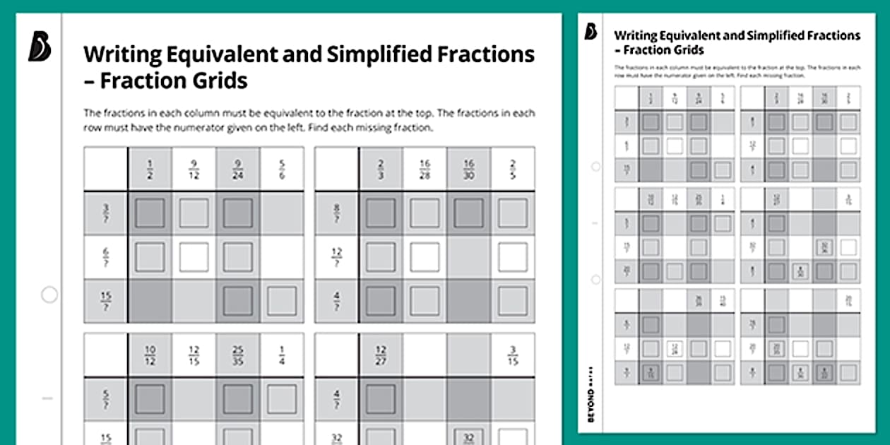 👉 Writing Equivalent and Simplified Fractions - Fraction Grids