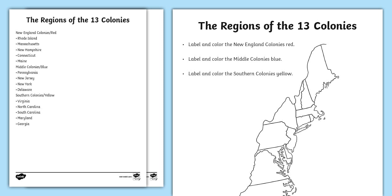 The Regions of the Thirteen Colonies Label and Color Worksheet for 3rd-5th