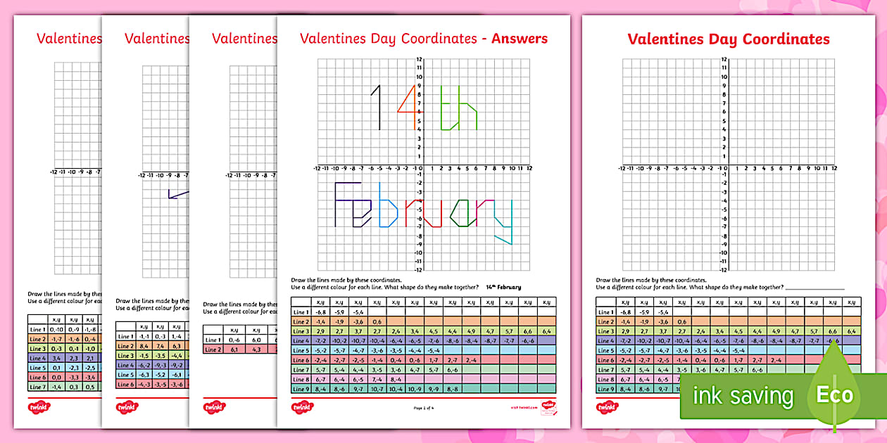 Valentine's Day Coordinates in the 4 Quadrants Maths Worksheets