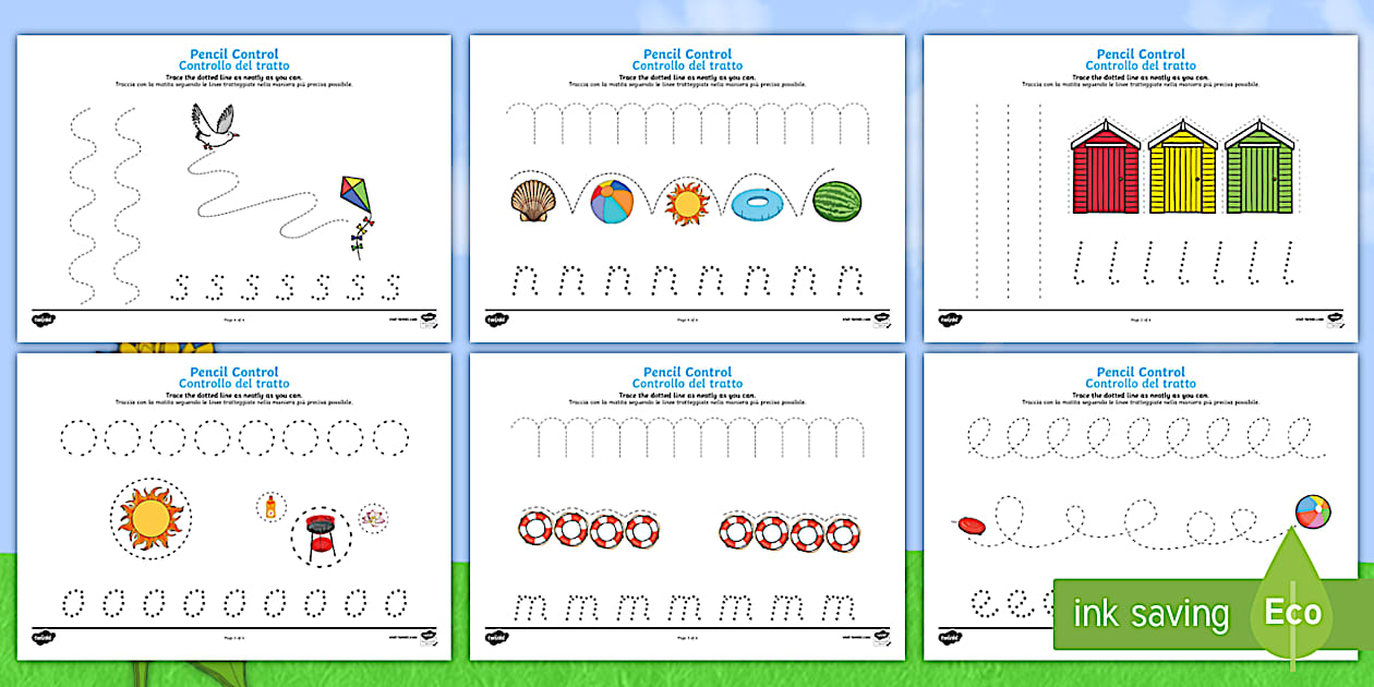 Summer Pencil Control Sheets English/Italian - Summer Pencil Control Sheets