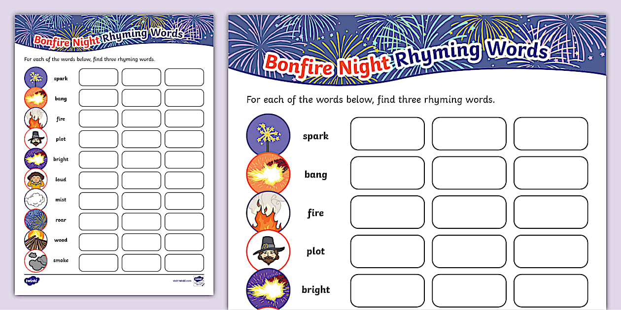 Bonfire Night Rhyming Words Worksheet - Twinkl