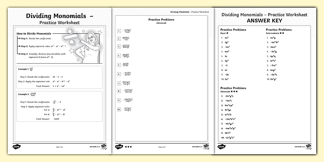 Dividing Monomials Worksheet (teacher made) - Twinkl