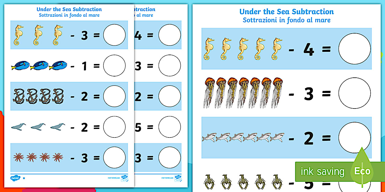 Editable Under the Sea Subtraction Worksheet Italian/English