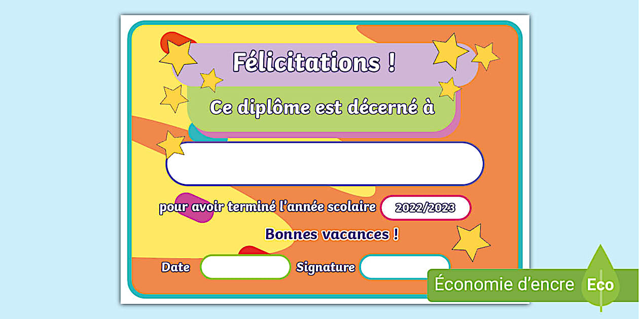 Diplôme de fin d'année scolaire modifiable (teacher made)