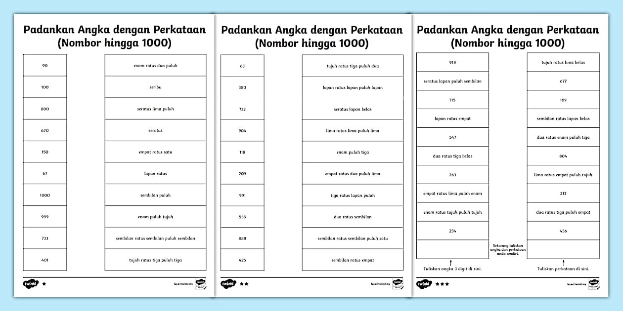 Padankan Angka dengan Perkataan (Nombor hingga 1000)