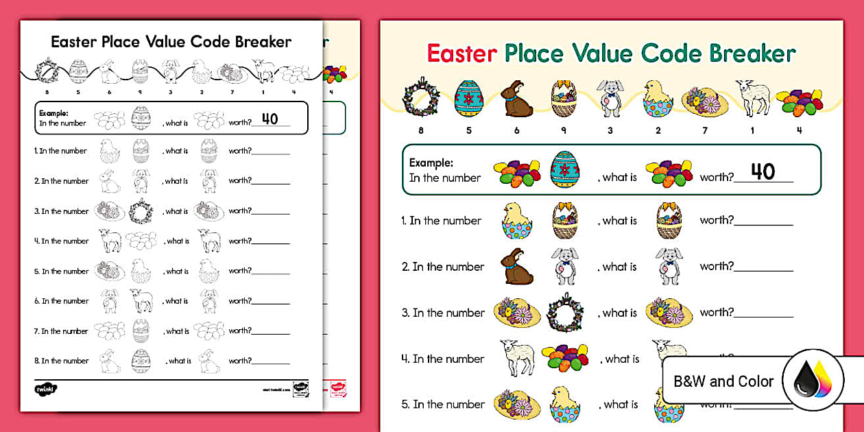 First Grade Easter Place Value Code Breaker Worksheet