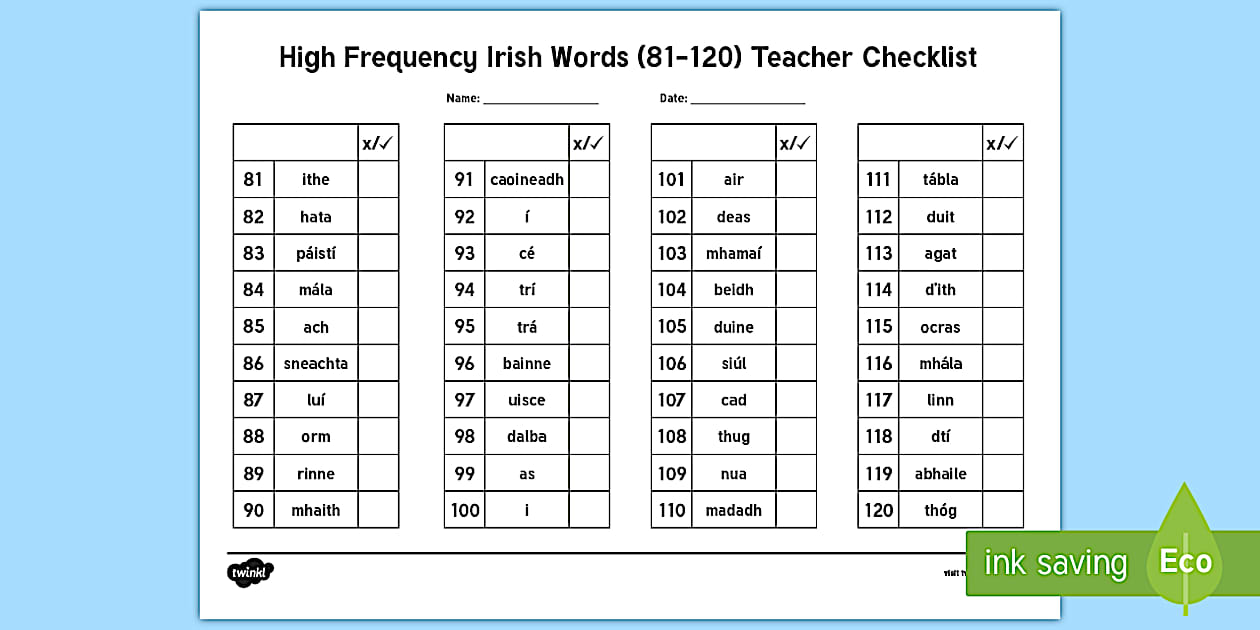 High Frequency Irish Words (81-120) Teacher Checklist Gaeilge