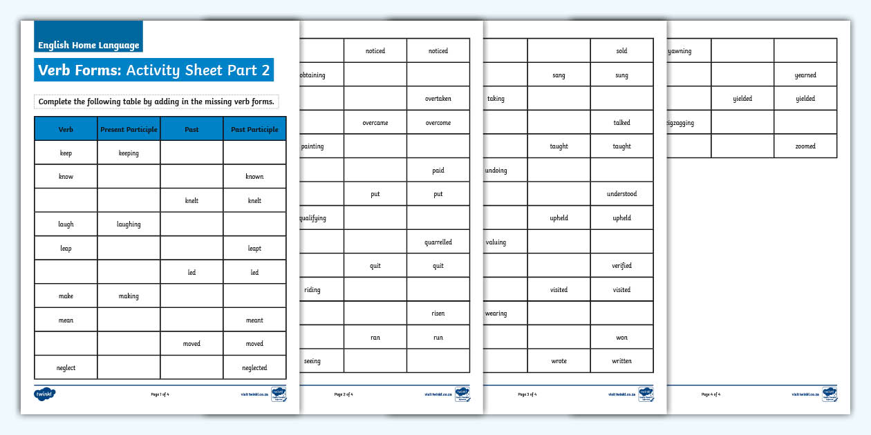English Home Language Verb Forms Activity Sheet Part 2
