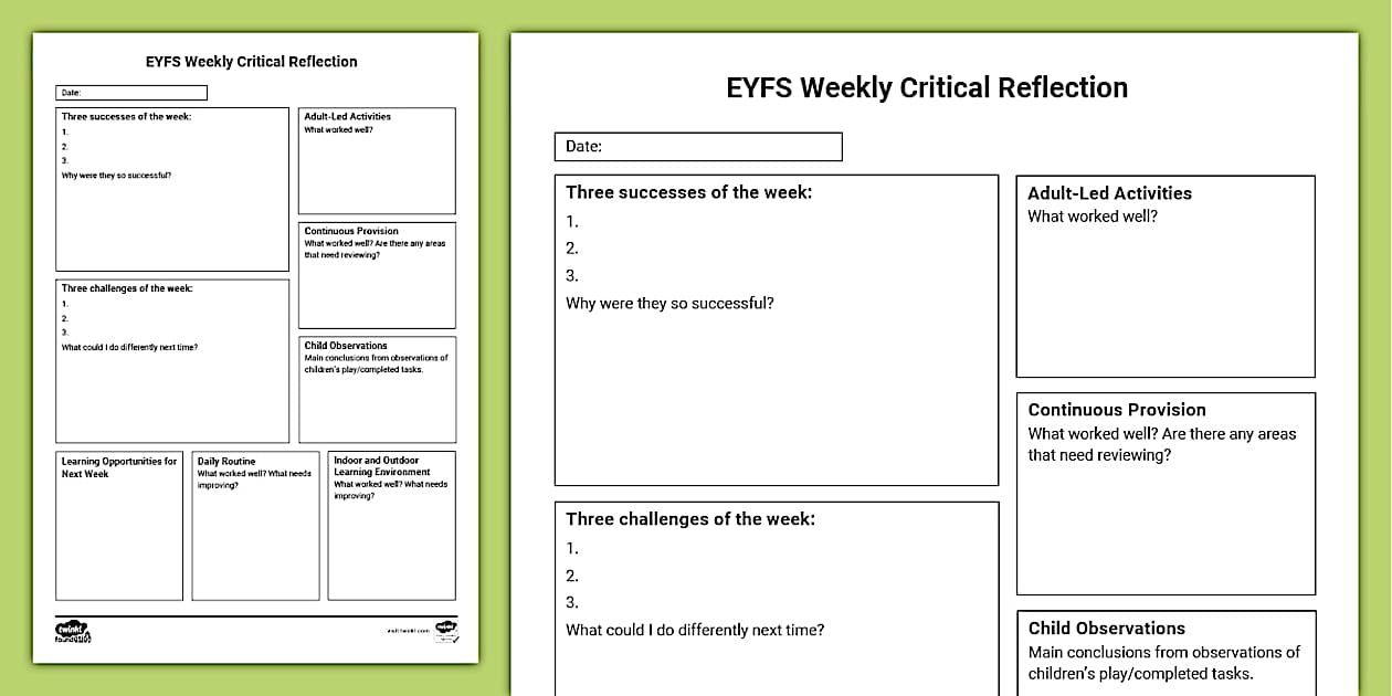 EYFS Critical Reflection Template (teacher made) - Twinkl