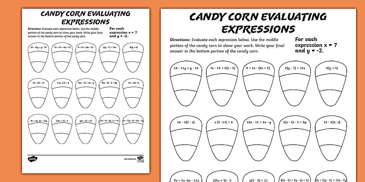 Candy Corn Evaluating Expressions Worksheet for 6th-8th Grade