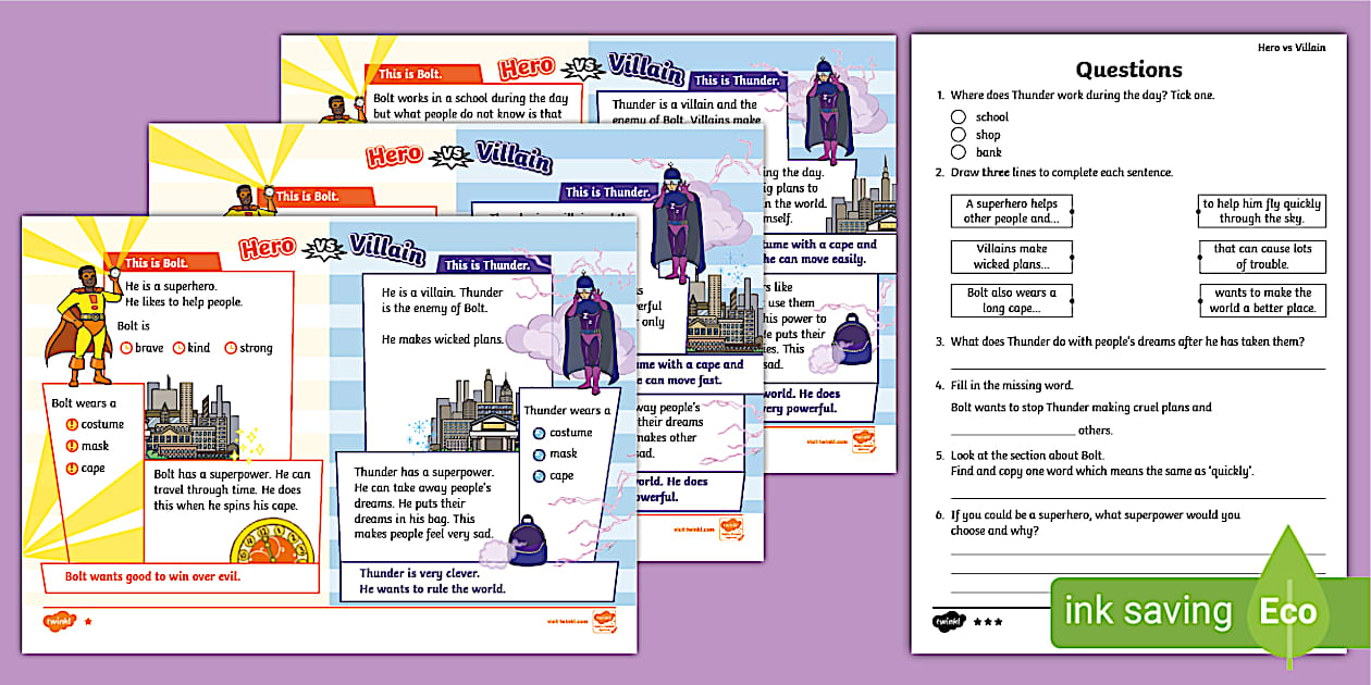 KS1 Hero vs Villain Differentiated Reading Comprehension
