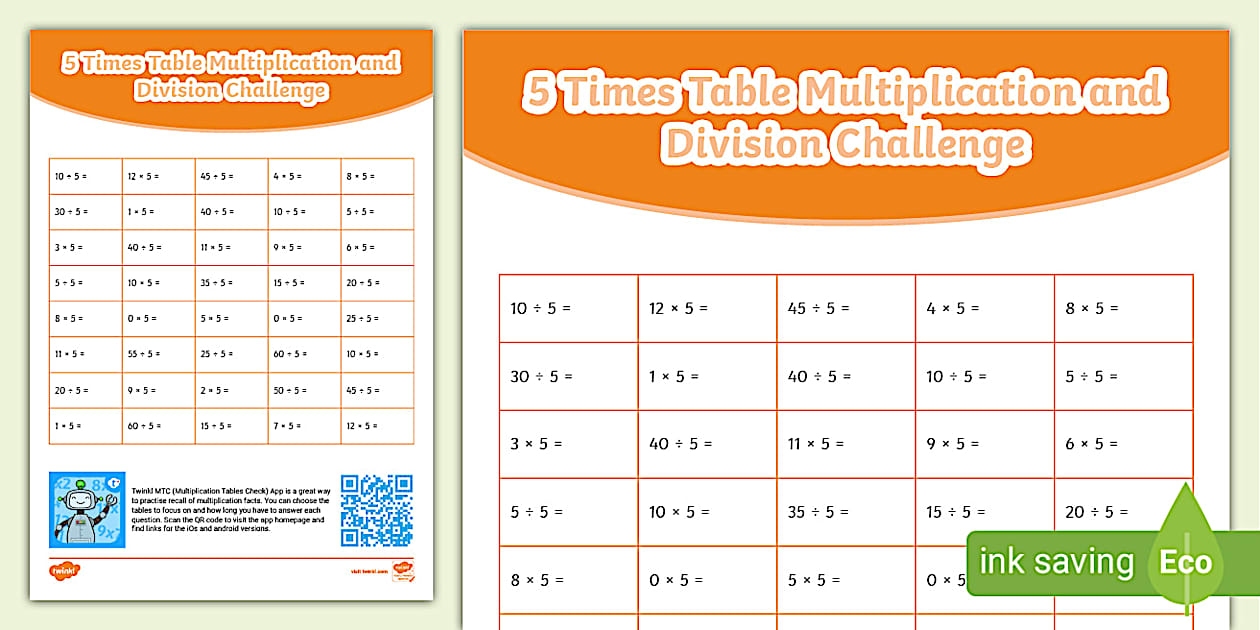 👉 5 Times Table Multiplication and Division Challenge Activity Sheet