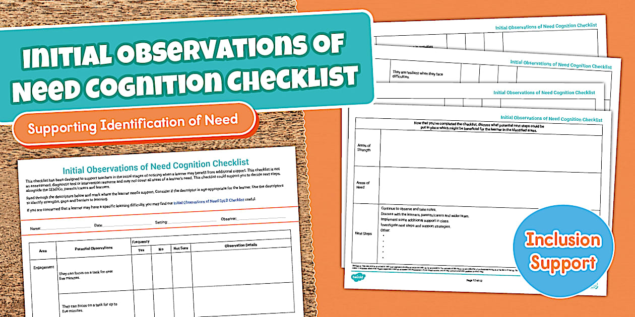 Initial Observations of Need Cognition Checklist - Twinkl