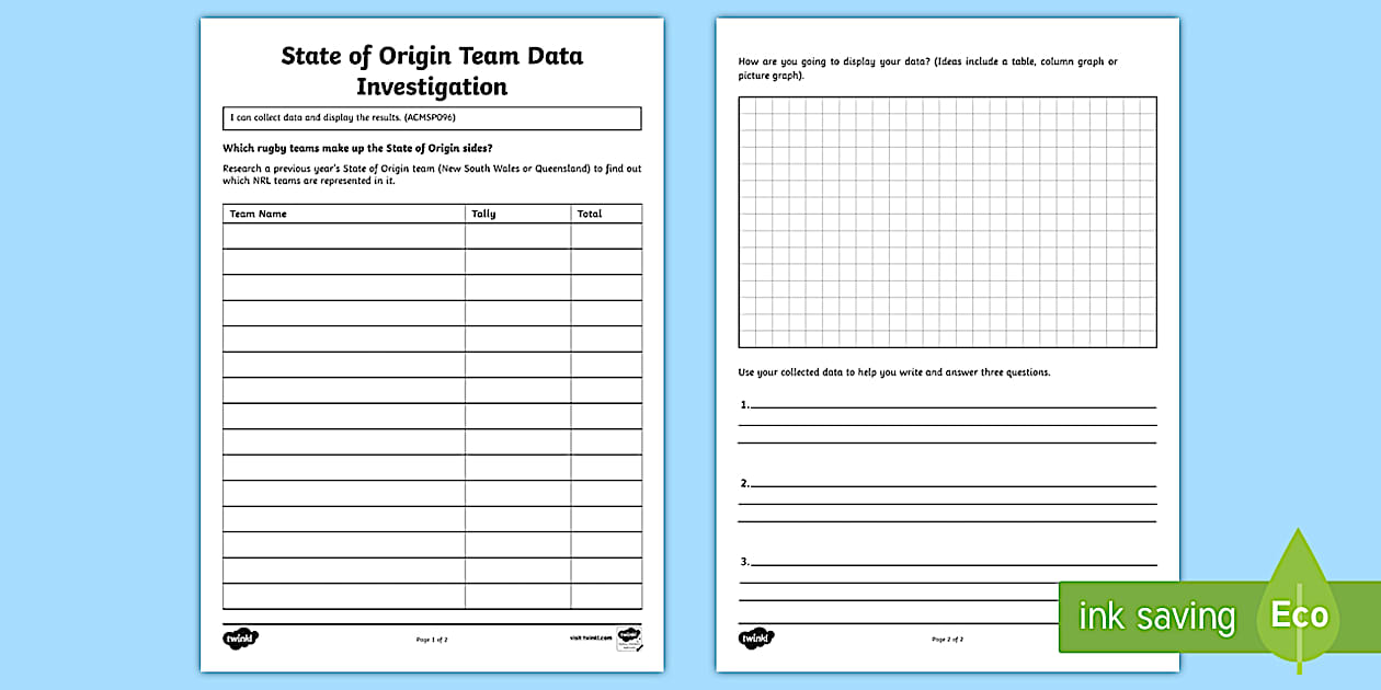 State of Origin Team Data Investigation Worksheet / Worksheet