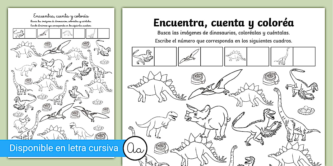 Hoja de actividad: Encuentra, colorea y cuenta los dinosaurios- Guía de