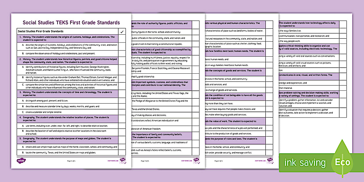 Social Studies TEKS First Grade Standards Checklist - Twinkl