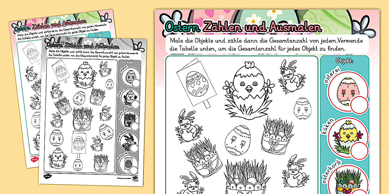 Ostern - Zählen und Ausmalen Arbeitsblatt - Twinkl
