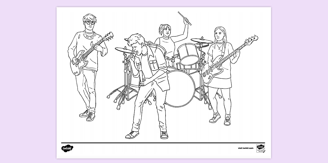 Rock Band Colouring Page (Teacher-Made) - Twinkl
