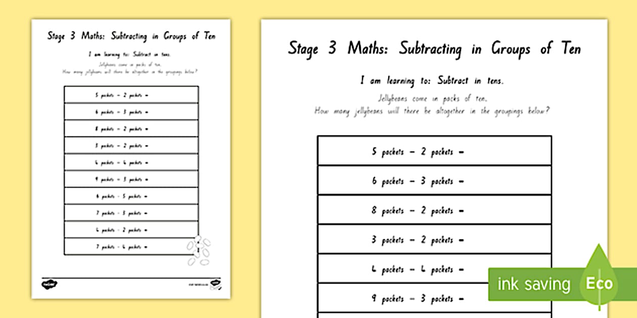 Stage 3 Maths Subtracting in Groups of Ten Worksheet