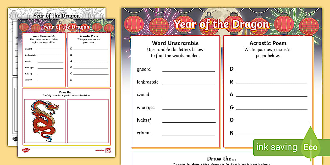 Year of the Dragon Boredom Buster Worksheet (teacher made)